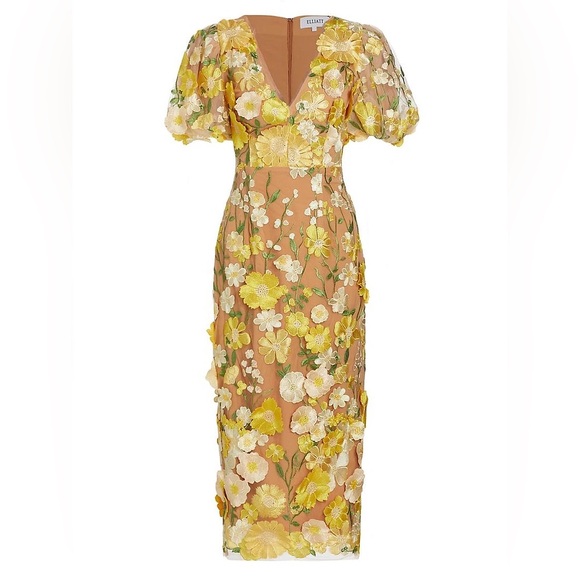 Elliatt | Dresses | Elliatt Yellow Floral Appliqu Puff Sleeve Midi ...
